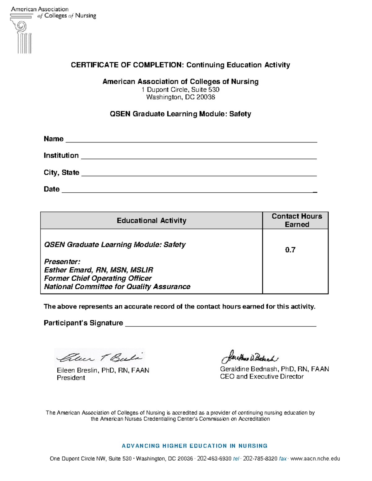 Safety Grad Cont. Ed - QSEN Module - CERTIFICATE OF COMPLETION ...