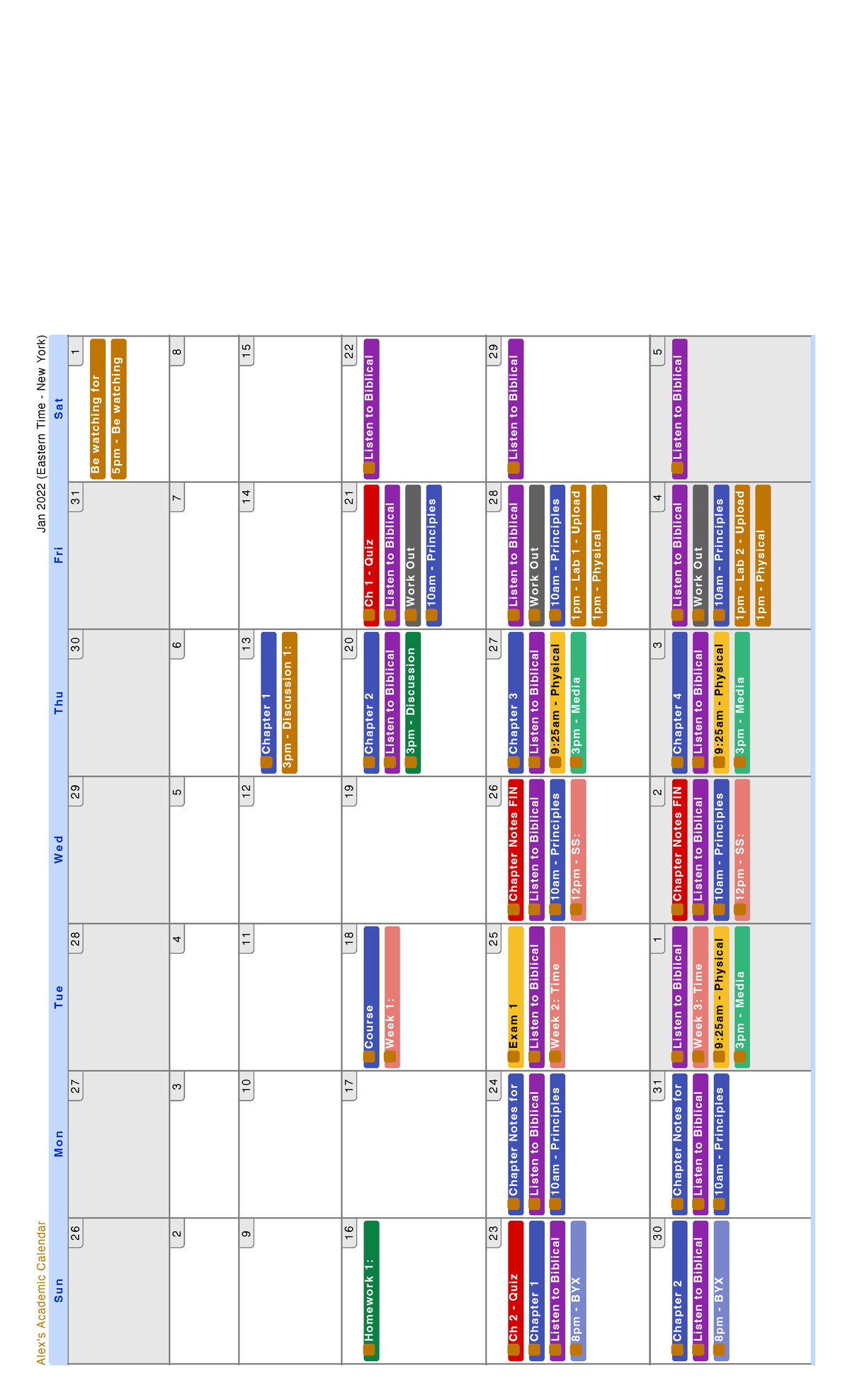 Time Management- Calender - Jan 2022 (Eastern Time - New York) Alex's ...