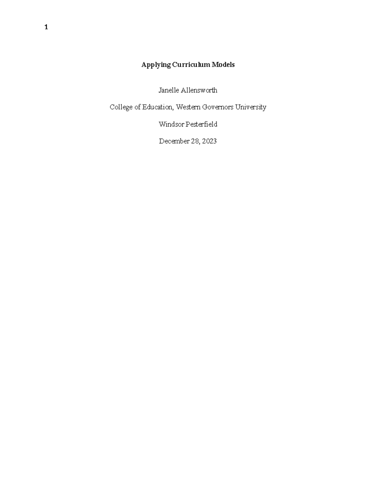 Applying Curriculum Models - Applying Curriculum Models Janelle ...