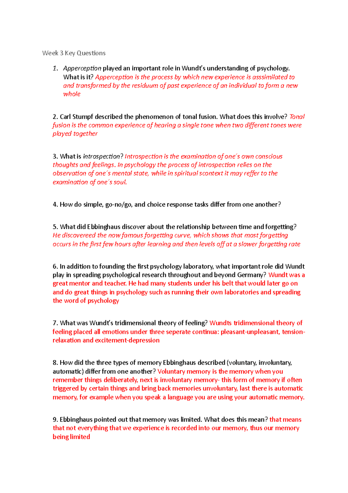 Key questions week 3 - Week 3 Key Questions Apperception played an ...