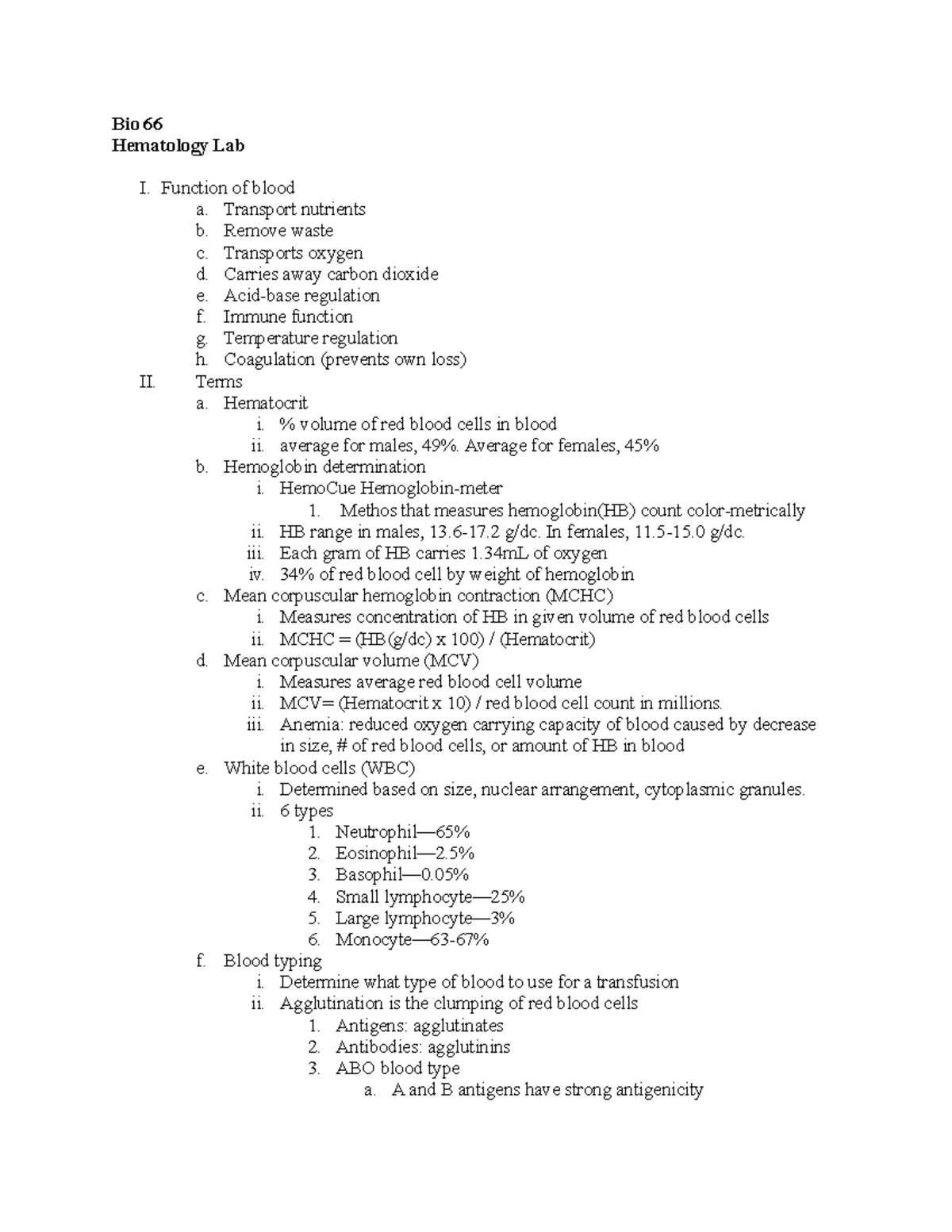 Bio 66 hemtology lab - Lab notes on hematology - Bio 66 Hematology Lab ...