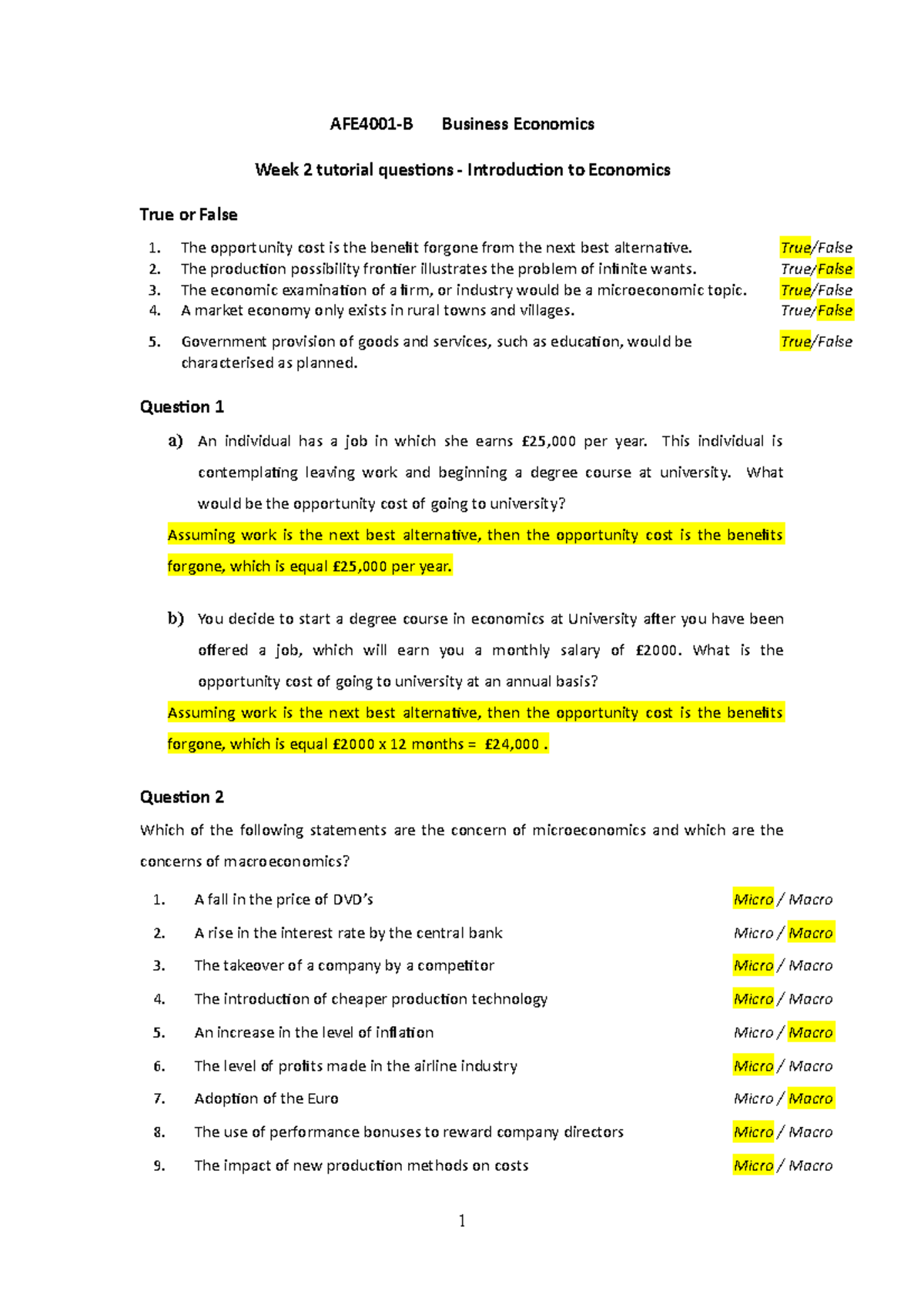 Business Economics Tutorial 1 - AFE4001-B Business Economics Week 2 ...