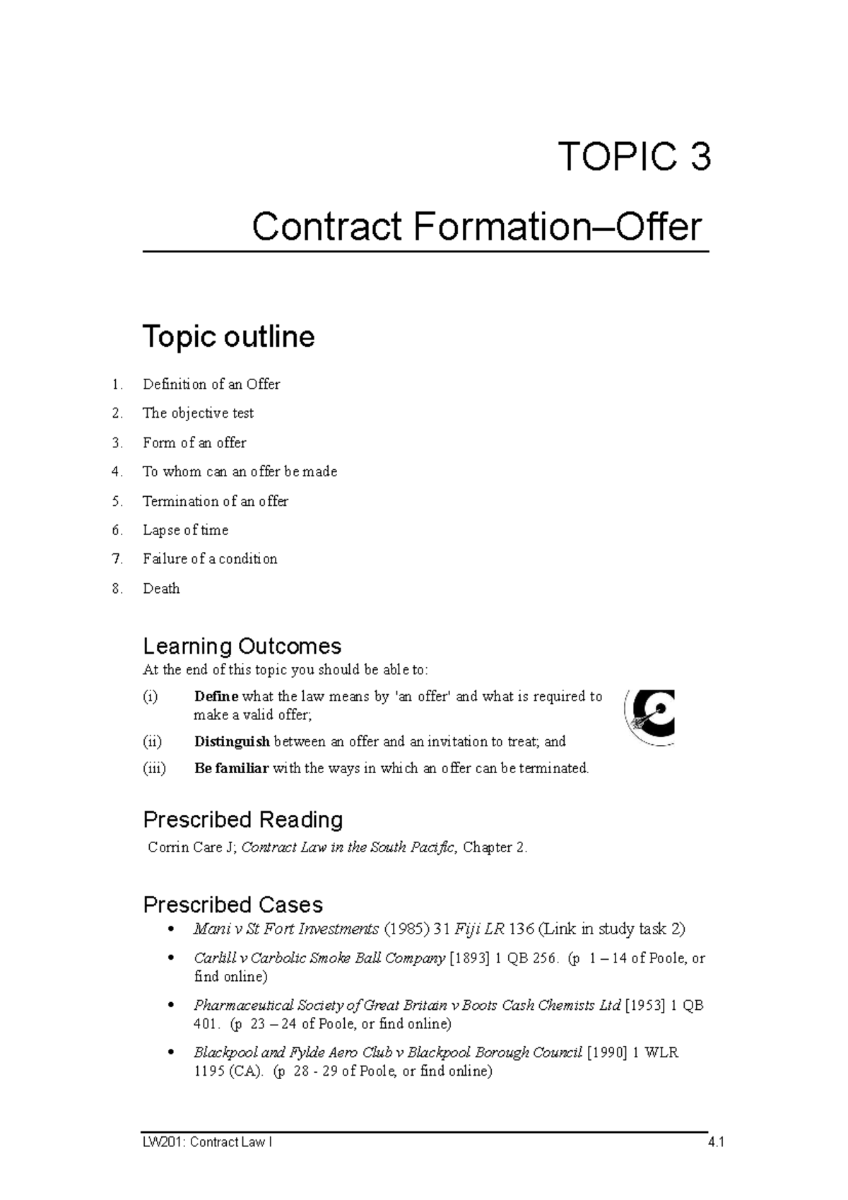 Formation of a Contract - Offers - TOPIC 3 Contract Formation–Offer Topic outline Definition of ...