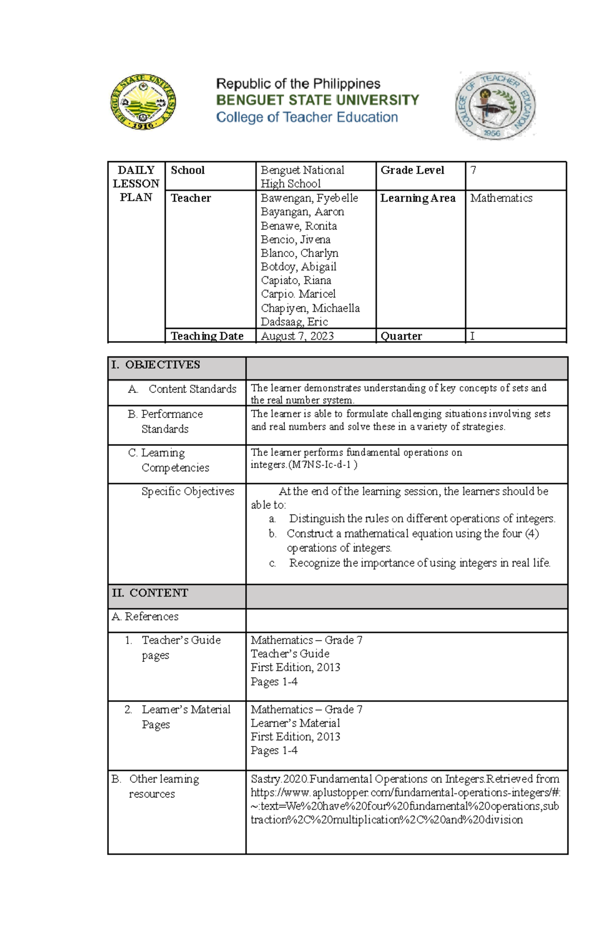 Reflective Teaching - Lesson Plan - DAILY LESSON PLAN School Benguet ...