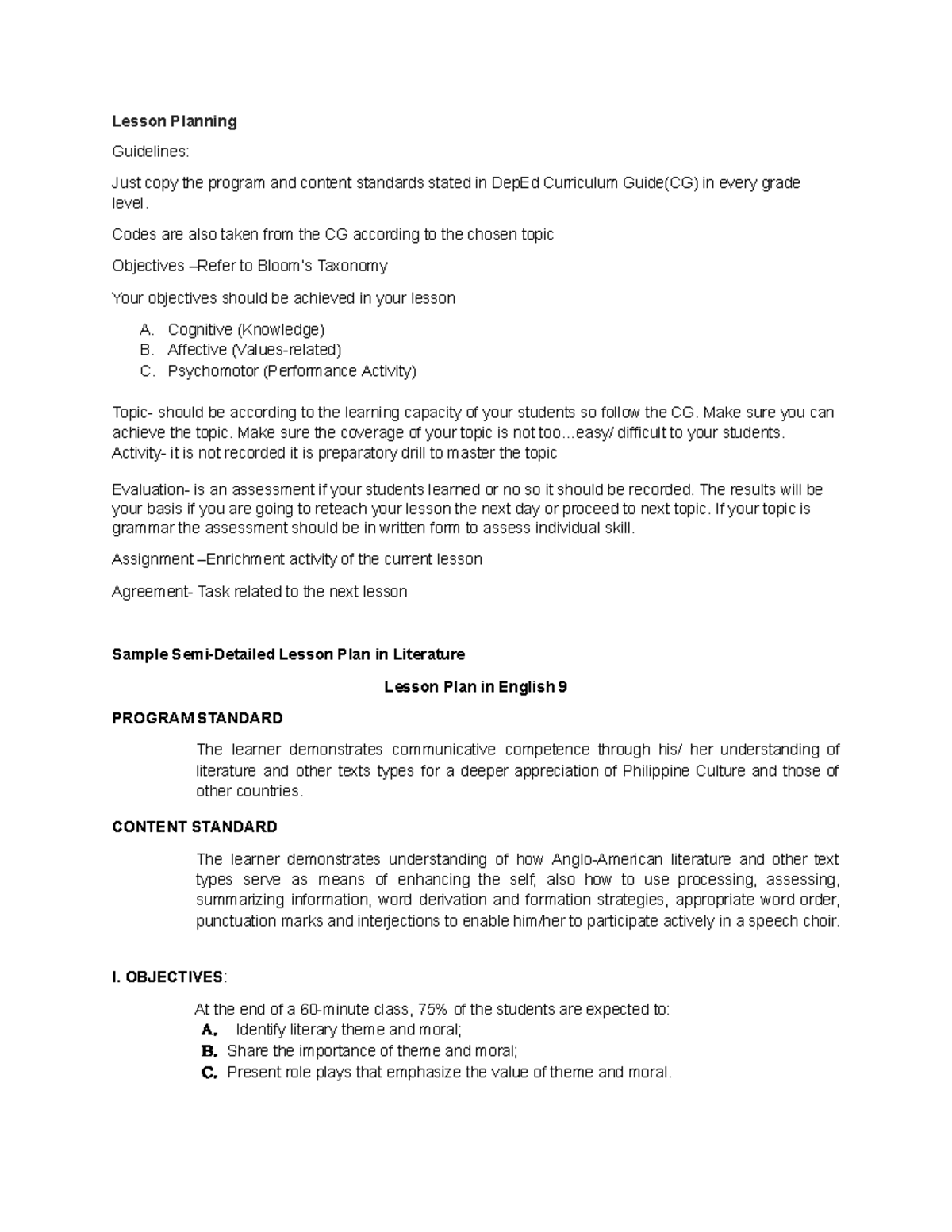 Sample Lesson Plan in Literature - Lesson Planning Guidelines: Just ...