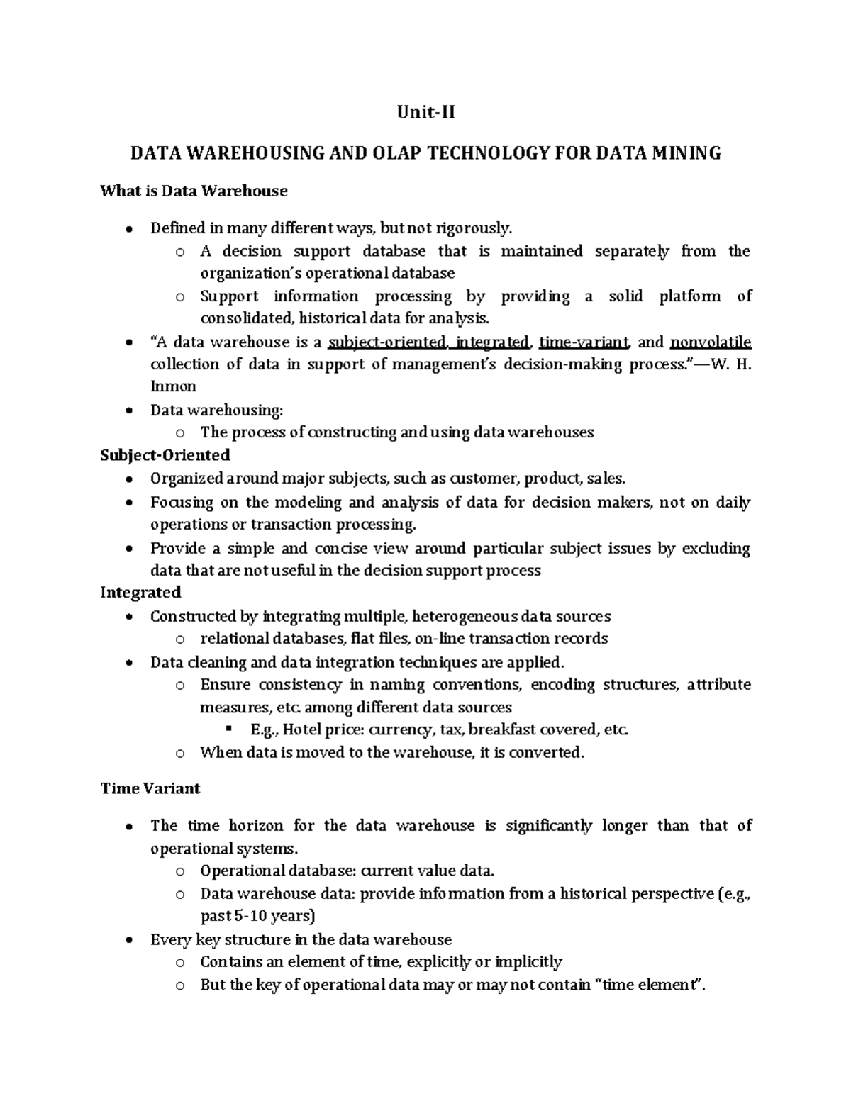Unit-II - Nil - Unit-II DATA WAREHOUSING AND OLAP TECHNOLOGY FOR DATA ...