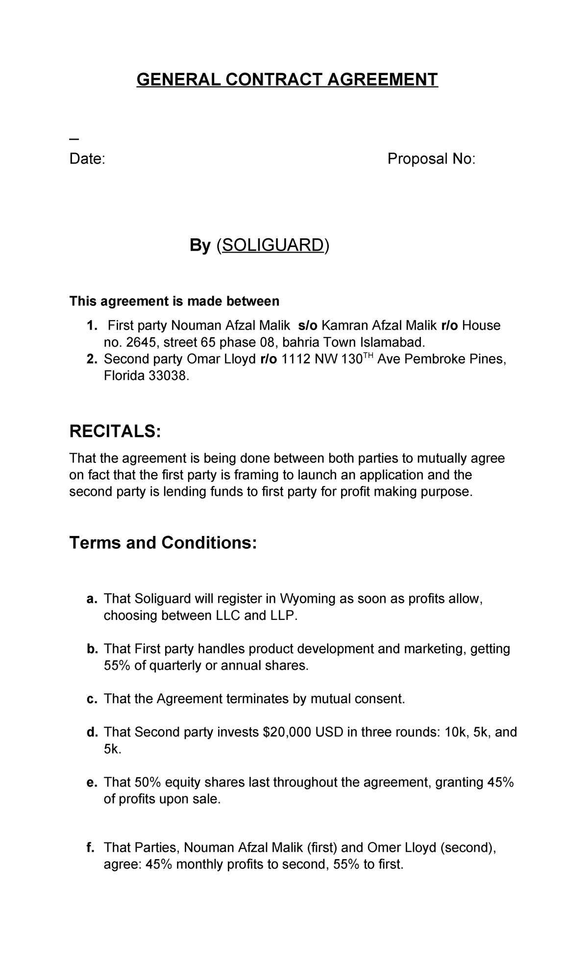 General Contract Agreement - GENERAL CONTRACT AGREEMENT Date: Proposal ...