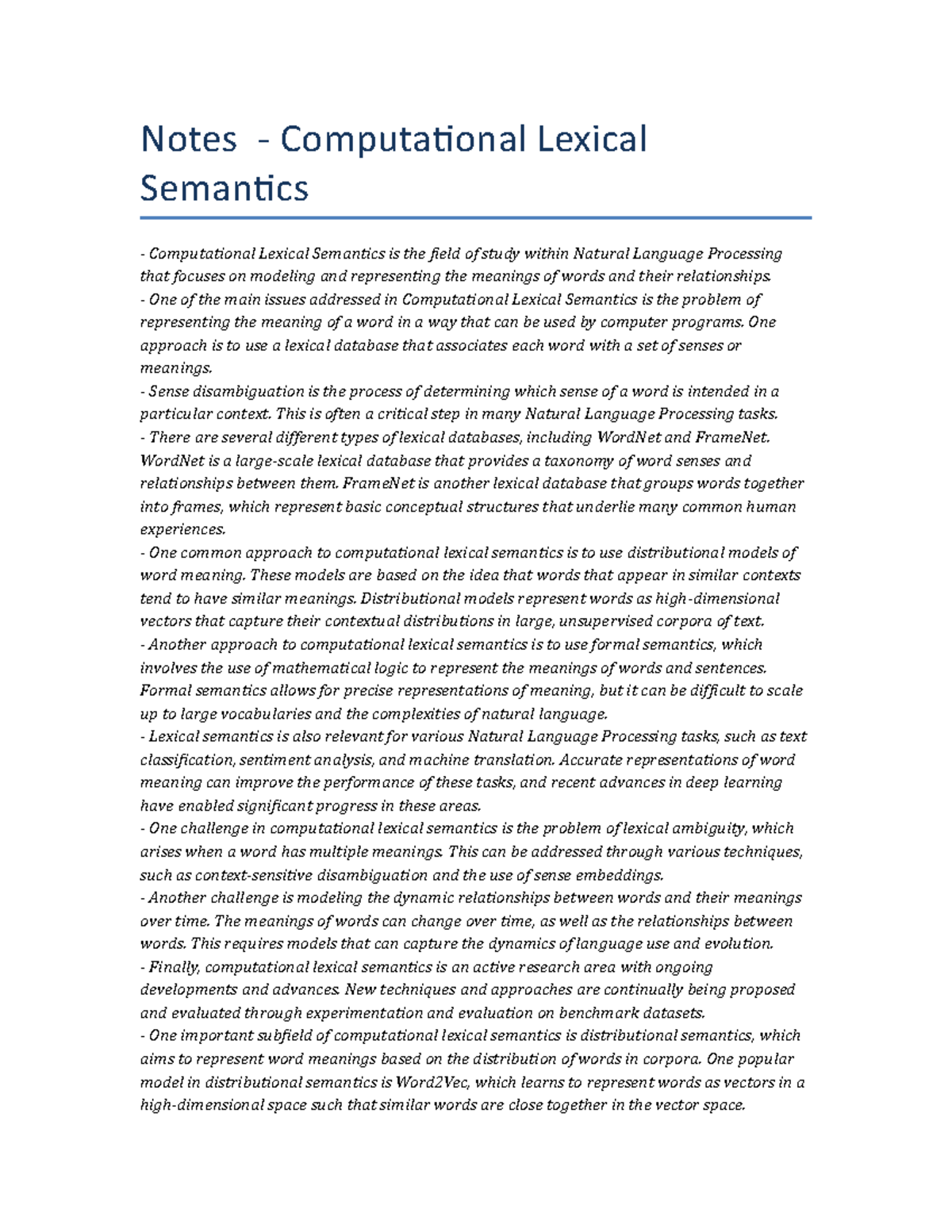 Lecture Notes Computational Lexical Semantics Notes Computational