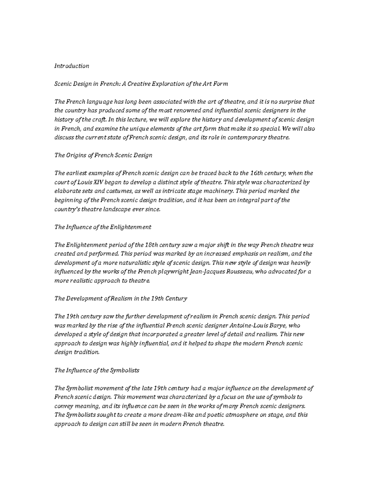 Scenic Design Notes de cours - Introduction Scenic Design in French: A ...