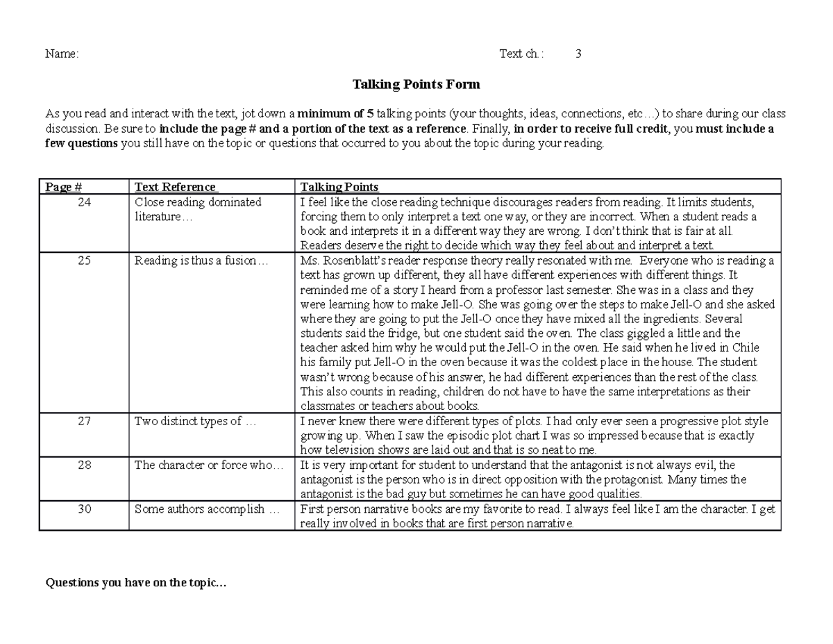 Talking Points 3 - Name: Text ch.: 3 Talking Points Form As you read ...