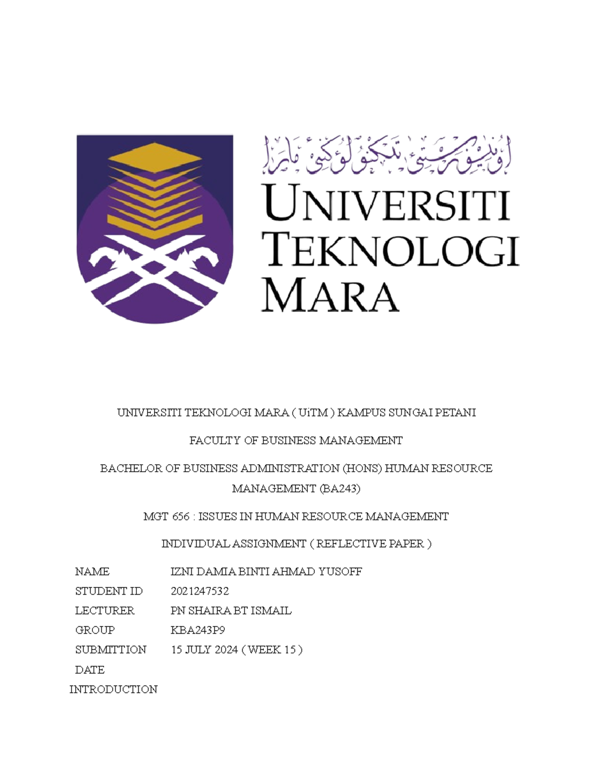 HRM656 Reflective Paper - UNIVERSITI TEKNOLOGI MARA ( UiTM ) KAMPUS ...