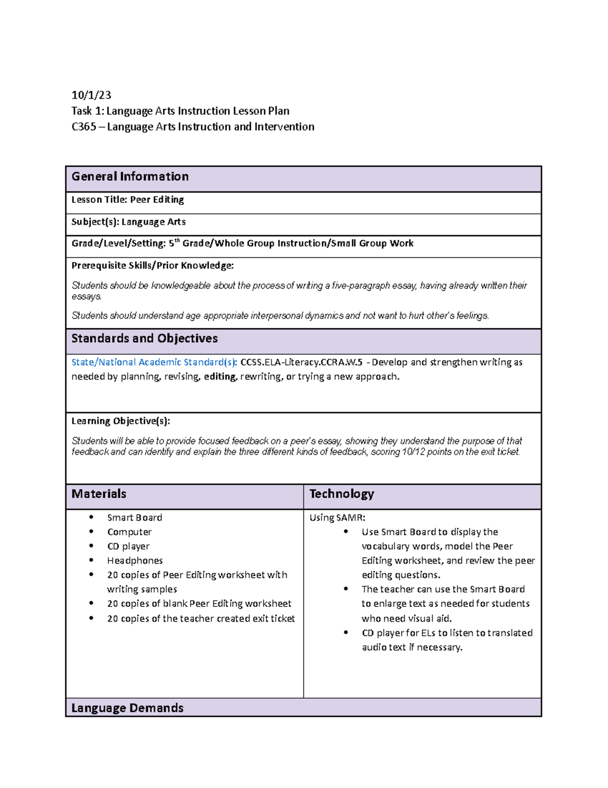 C365 Task 1 - C365 Task1 - 10/1/ Task 1: Language Arts Instruction Lesson Plan C365 – Language ...