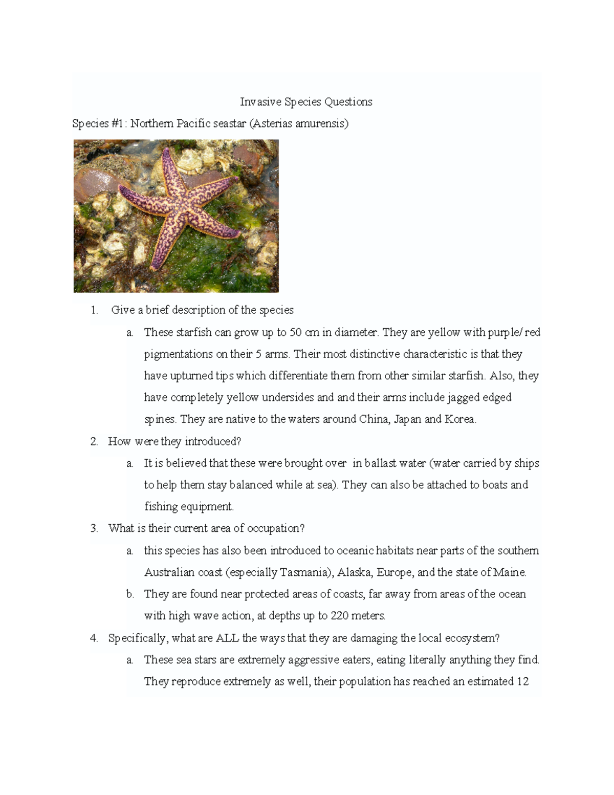Invasive Species Questions - Invasive Species Questions Species #1 ...