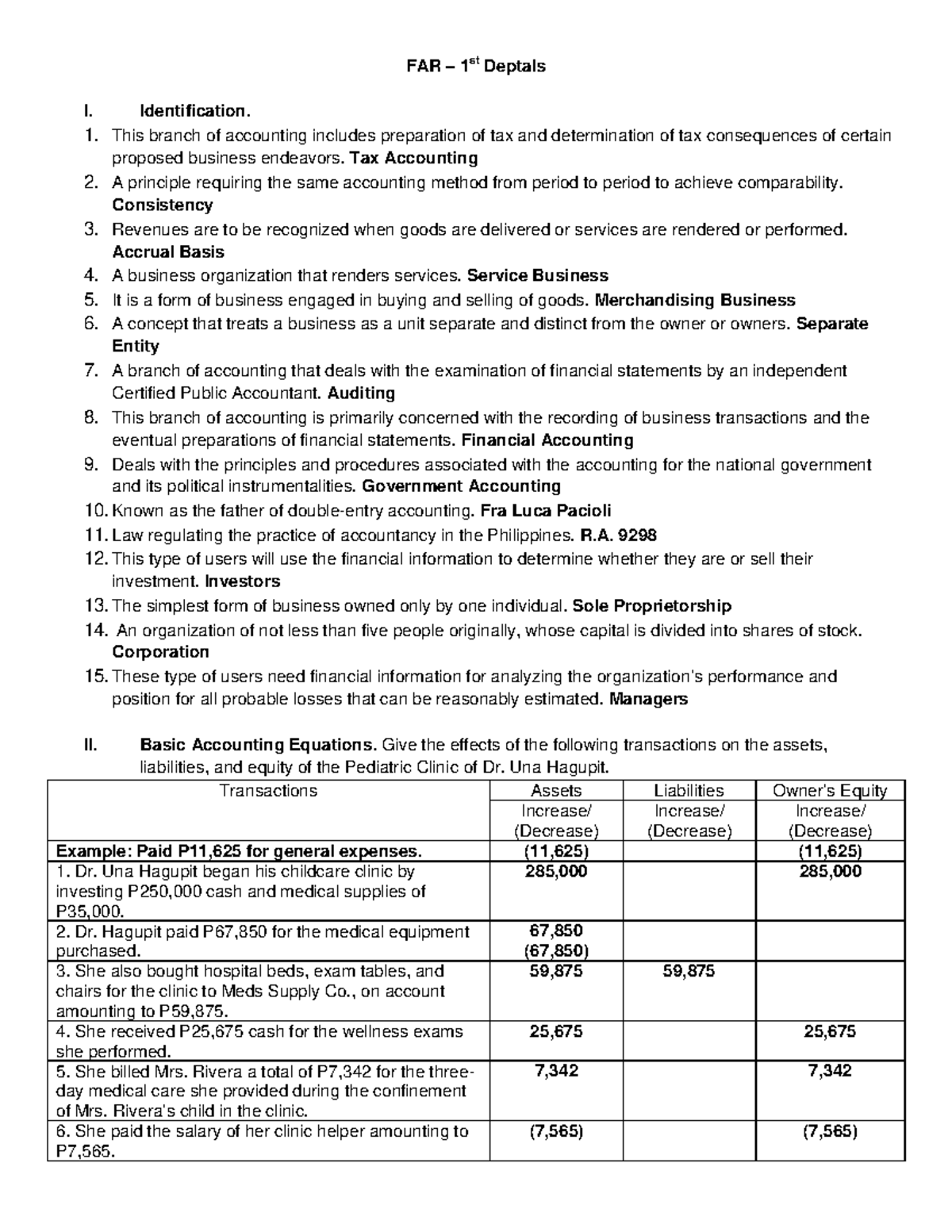 FAR-1st-Deptals - Journalizing - FAR – 1 st Deptals I. Identification ...