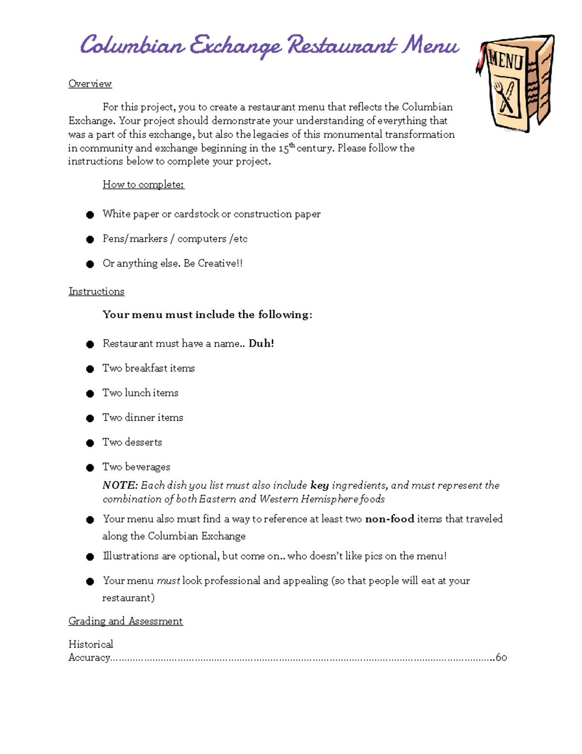 Restaurant Menu Project - Columbian Exchange Restaurant Menu Overview ...