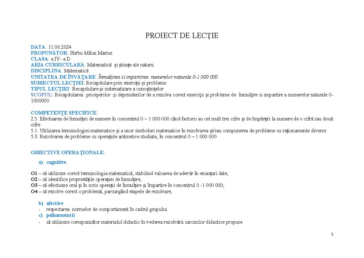 Proiect DE LECȚIE 4 (1) - in practice materials 2024 2025 - PROIECT DE LEC ȚIE DATA: 11 ...