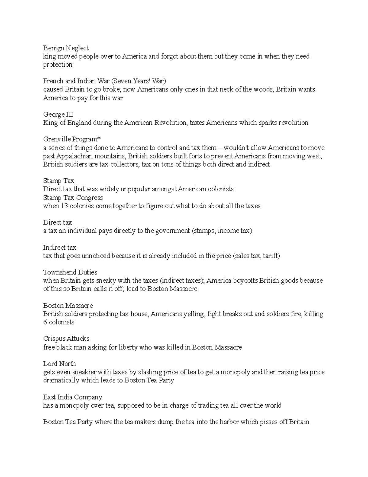 American Revolution Test 1 study guide - Benign Neglect king moved ...