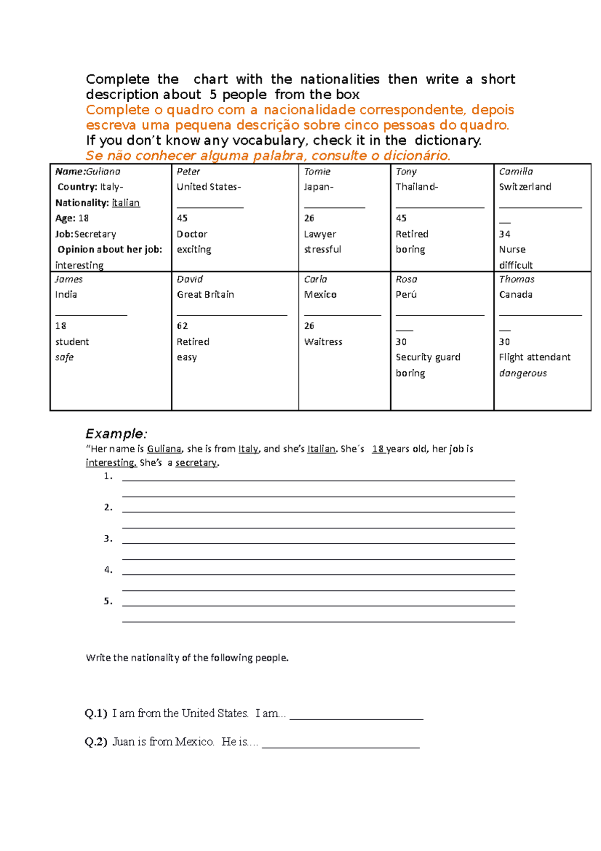 Countries and nationalities - Complete the chart with the nationalities ...