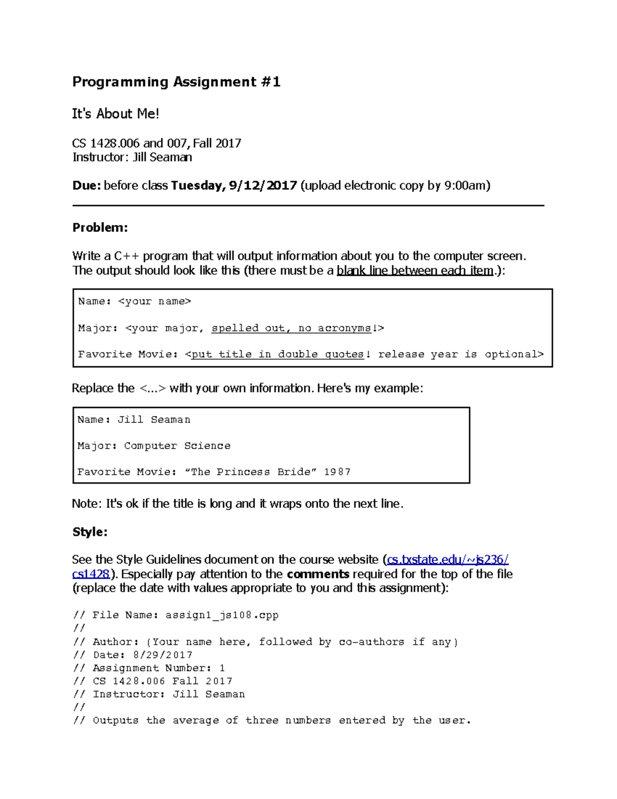 Assignment 1 - CS 1428 - Programming Assignment It's About Me! CS 1428 and 007, Fall 2017 - Studocu