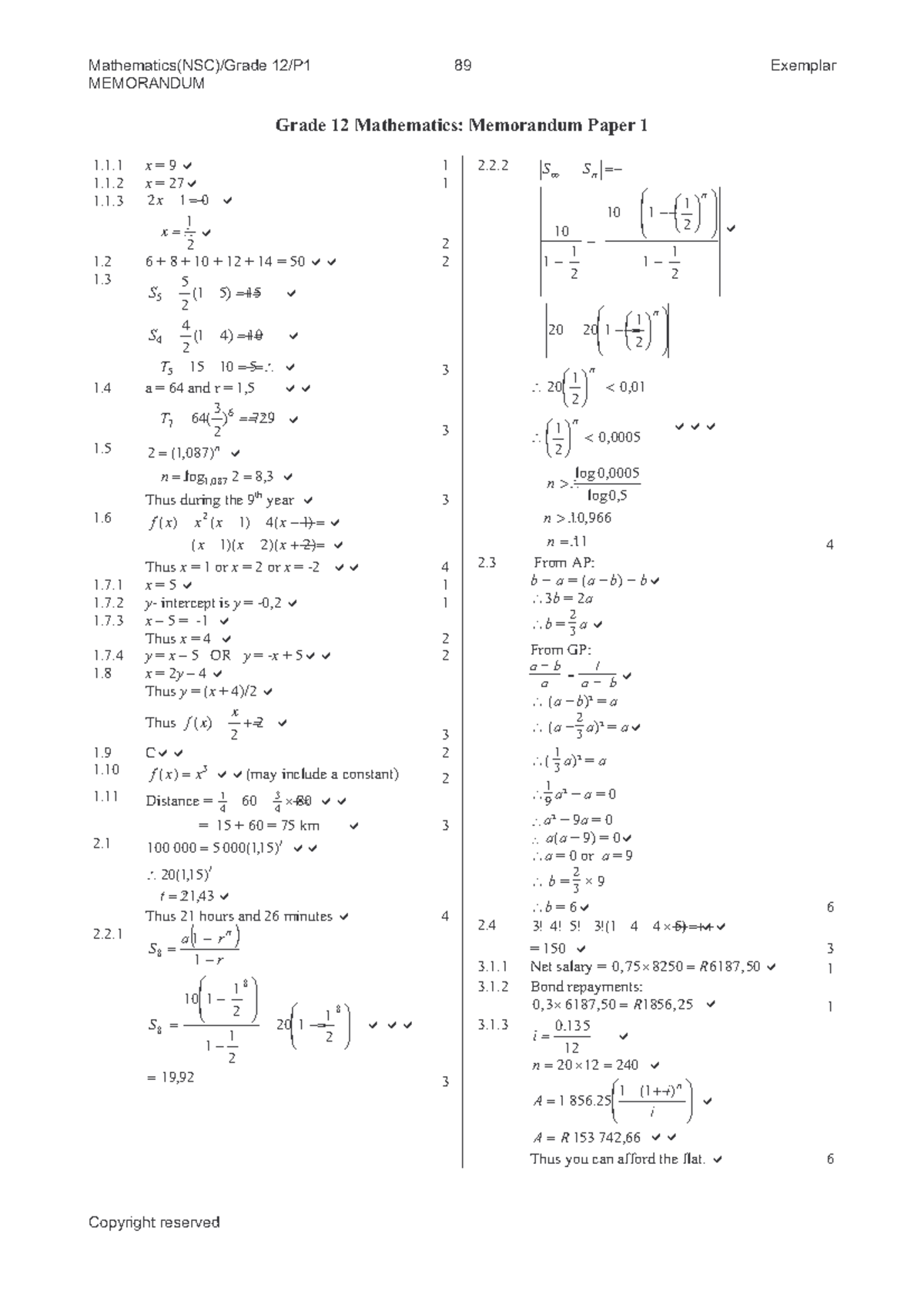 grade 12 NSC maths memo - Mathematics(NSC)/Grade 12/P1 89 Exemplar ...