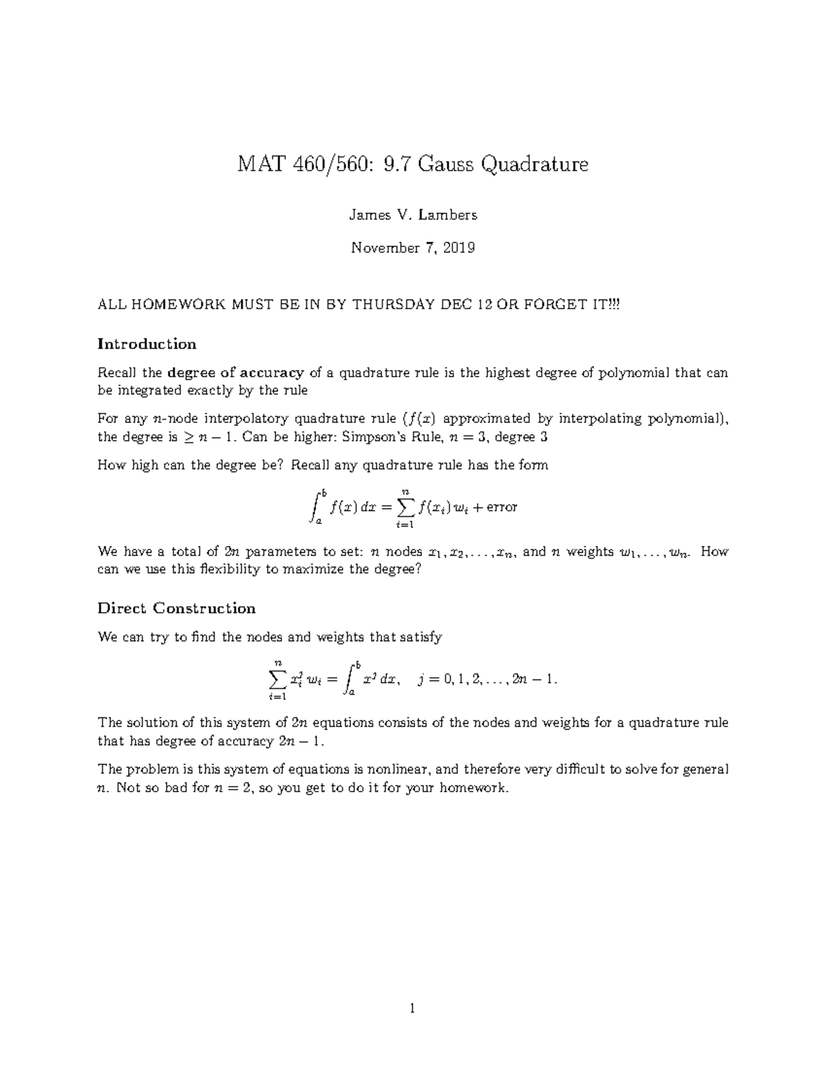 Notes 1107 - 9.7 - Gauss Quadrature - MAT 460/560: 9 Gauss Quadrature ...