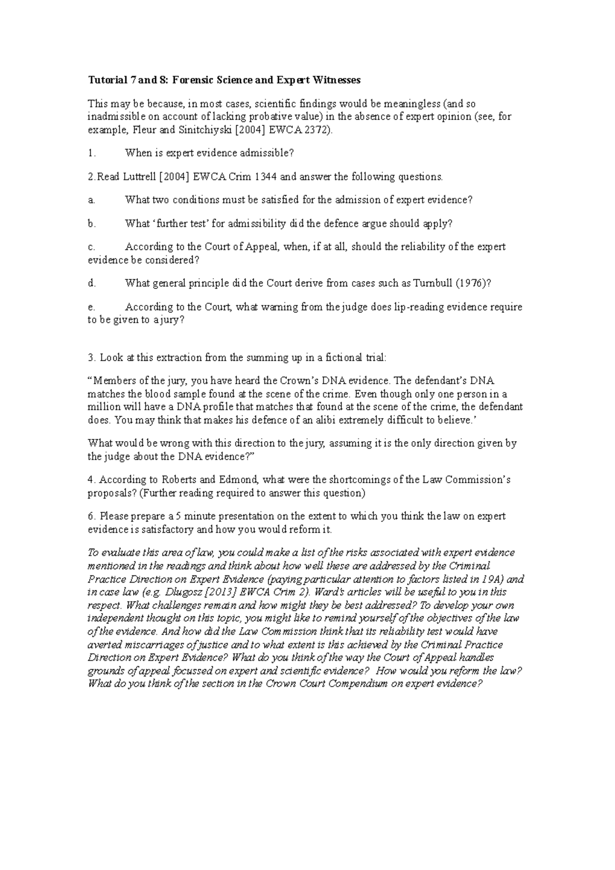 TUTORIAL 7 AND 8 FORENSIC SCIENCE AND EXPERT WITNESSES - Tutorial 7 and ...