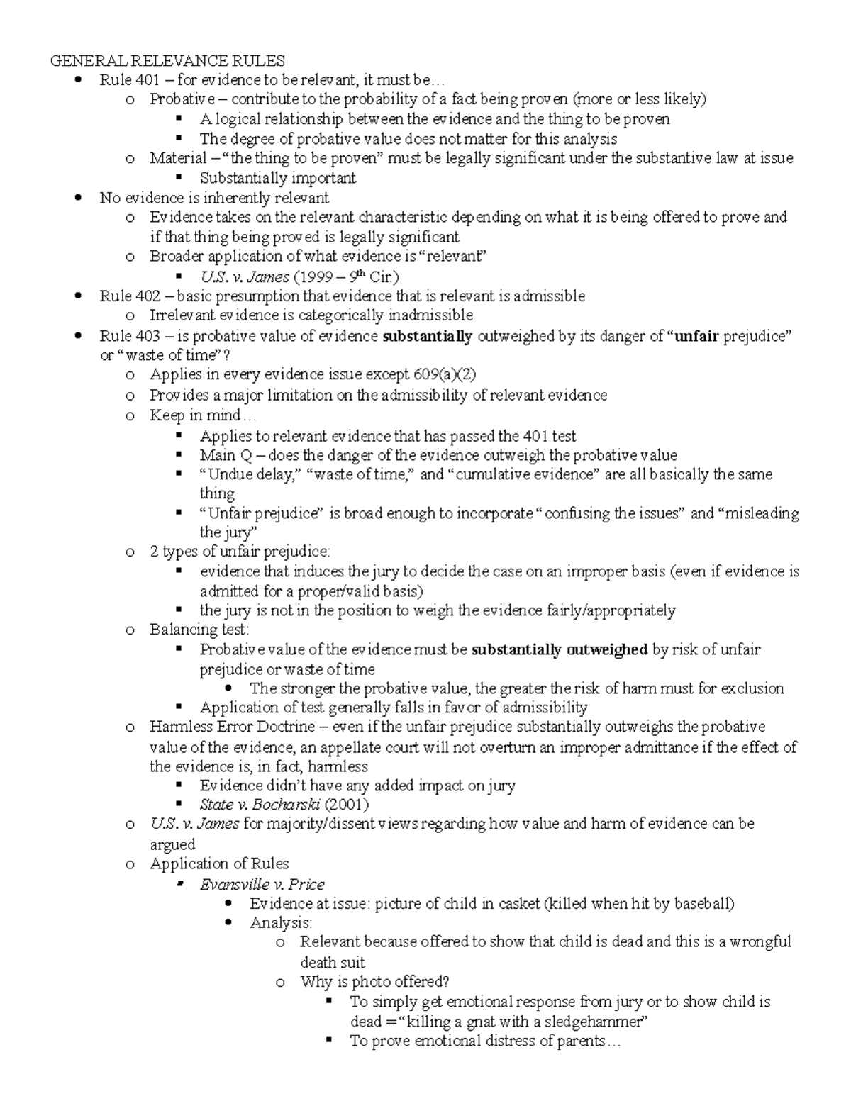 Evidence Outline #1 (just notes) - GENERAL RELEVANCE RULES Rule 401 ...