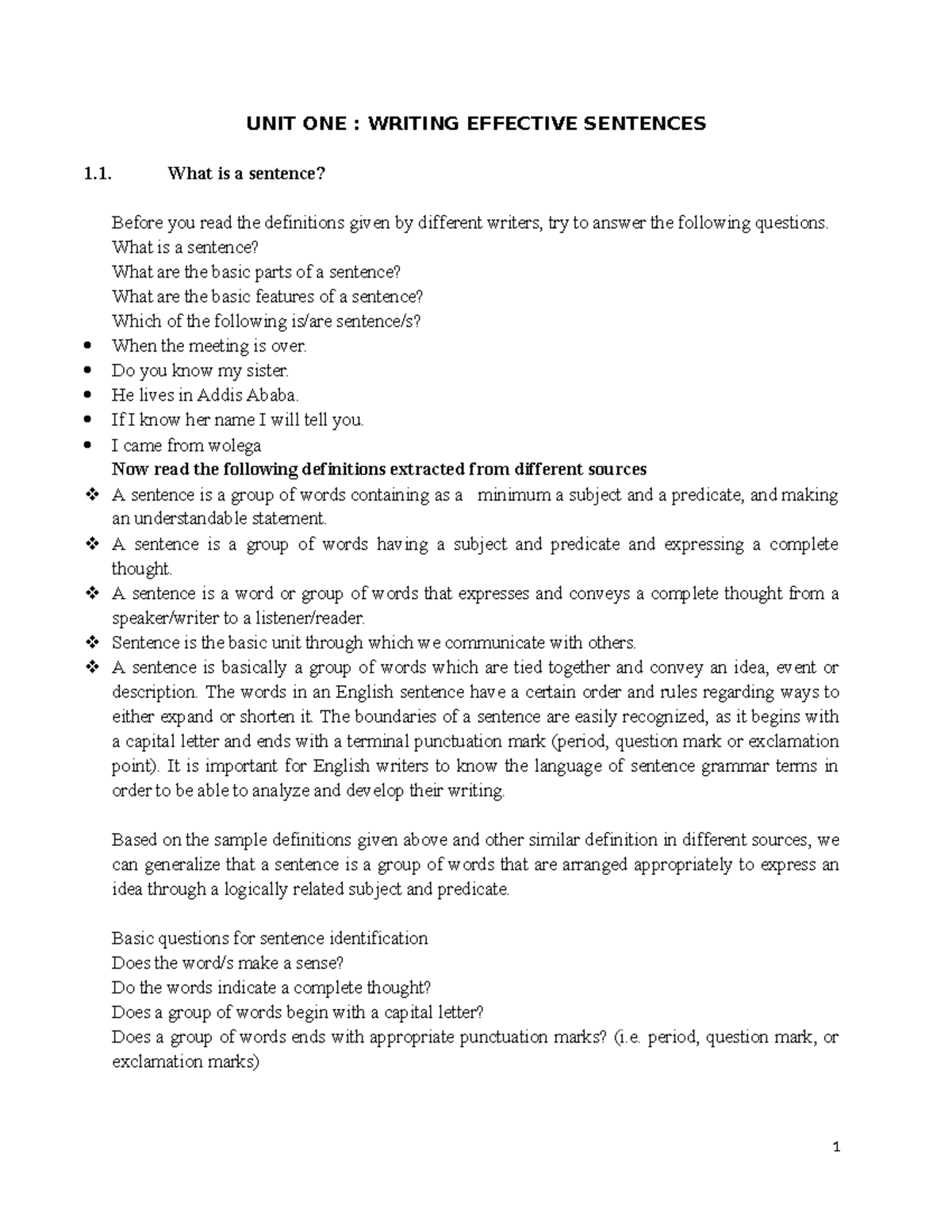 Basic writing module(DU)Edited - UNIT ONE : WRITING EFFECTIVE SENTENCES ...