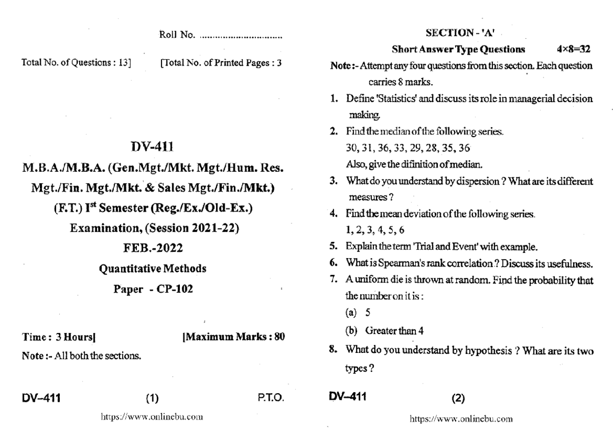 Mba 1 sem quantitative methods dv 411 feb 2022 - MBA - Studocu