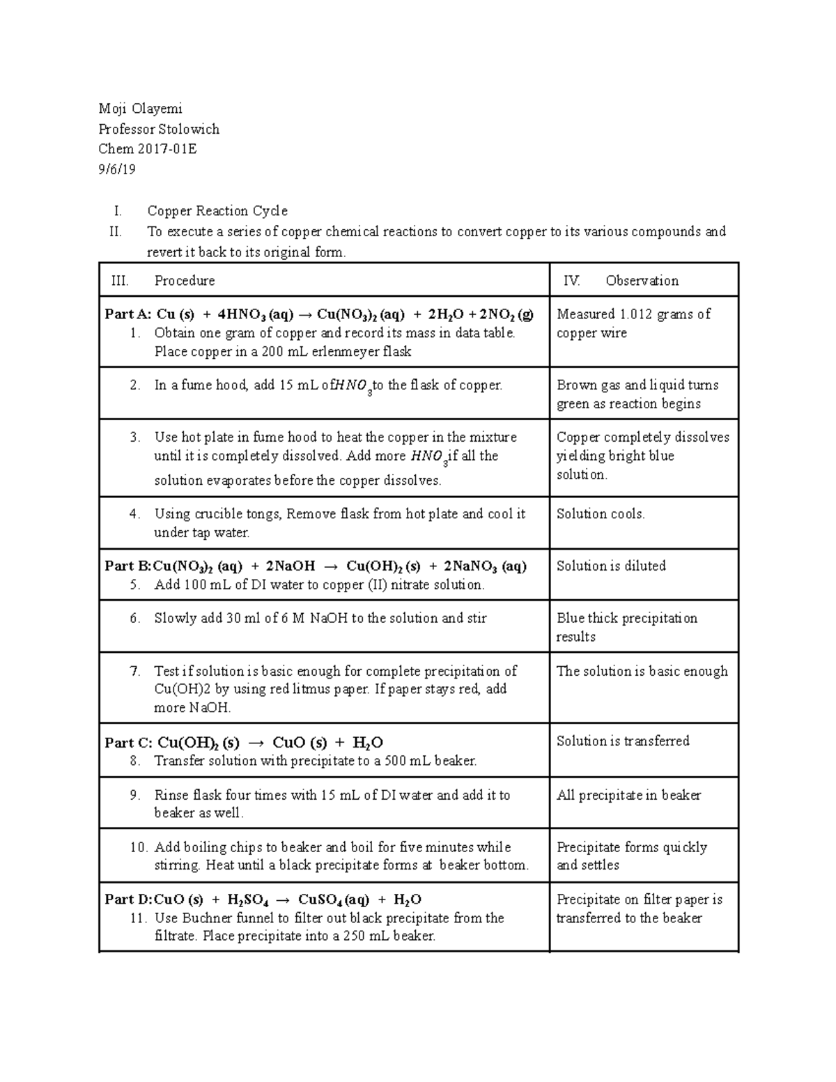 Copper rxn cycle exp 3 - chem 208 lab experiment - Moji Olayemi ...