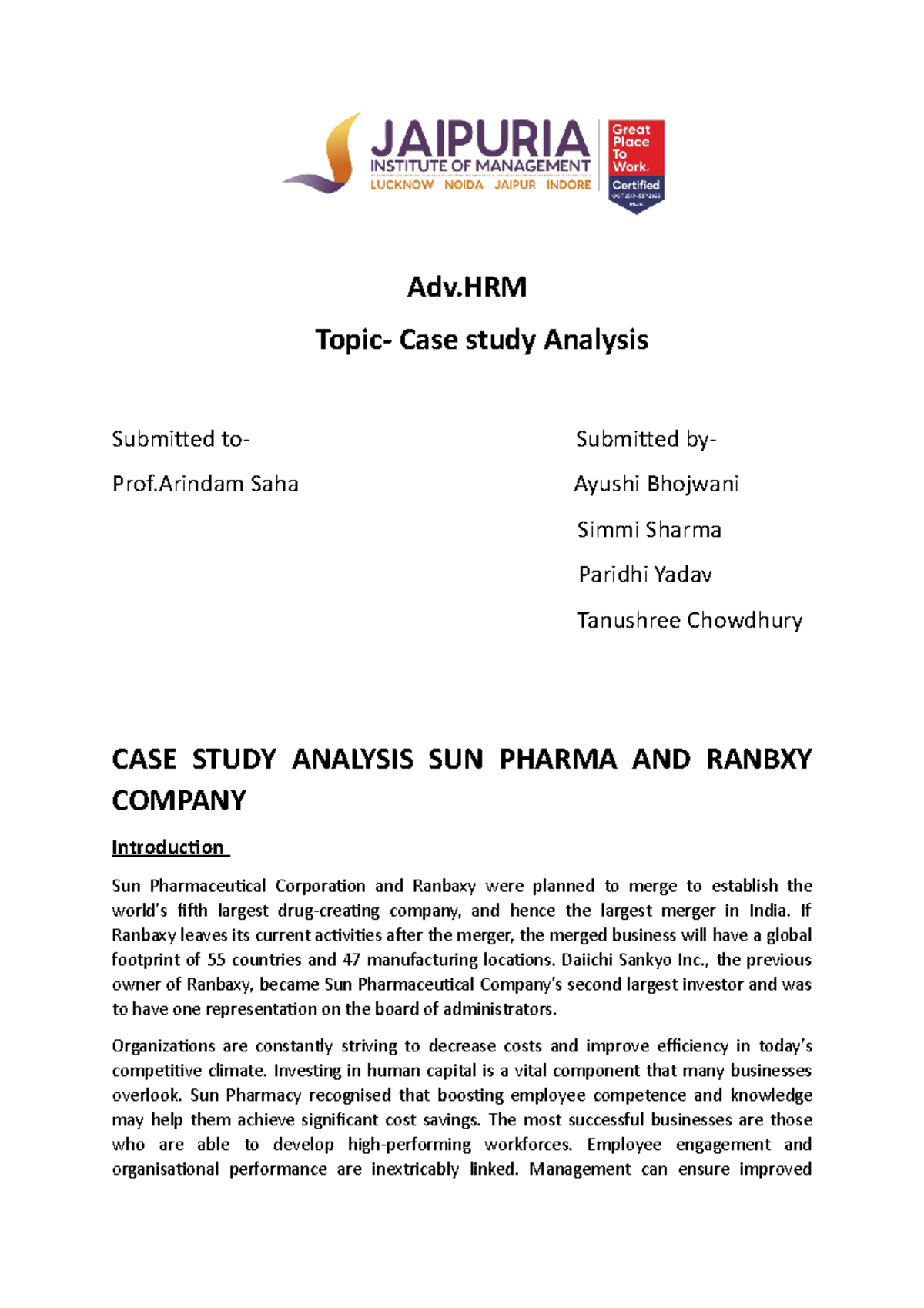 AMHR Case study - Adv Topic- Case study Analysis Submitted to ...