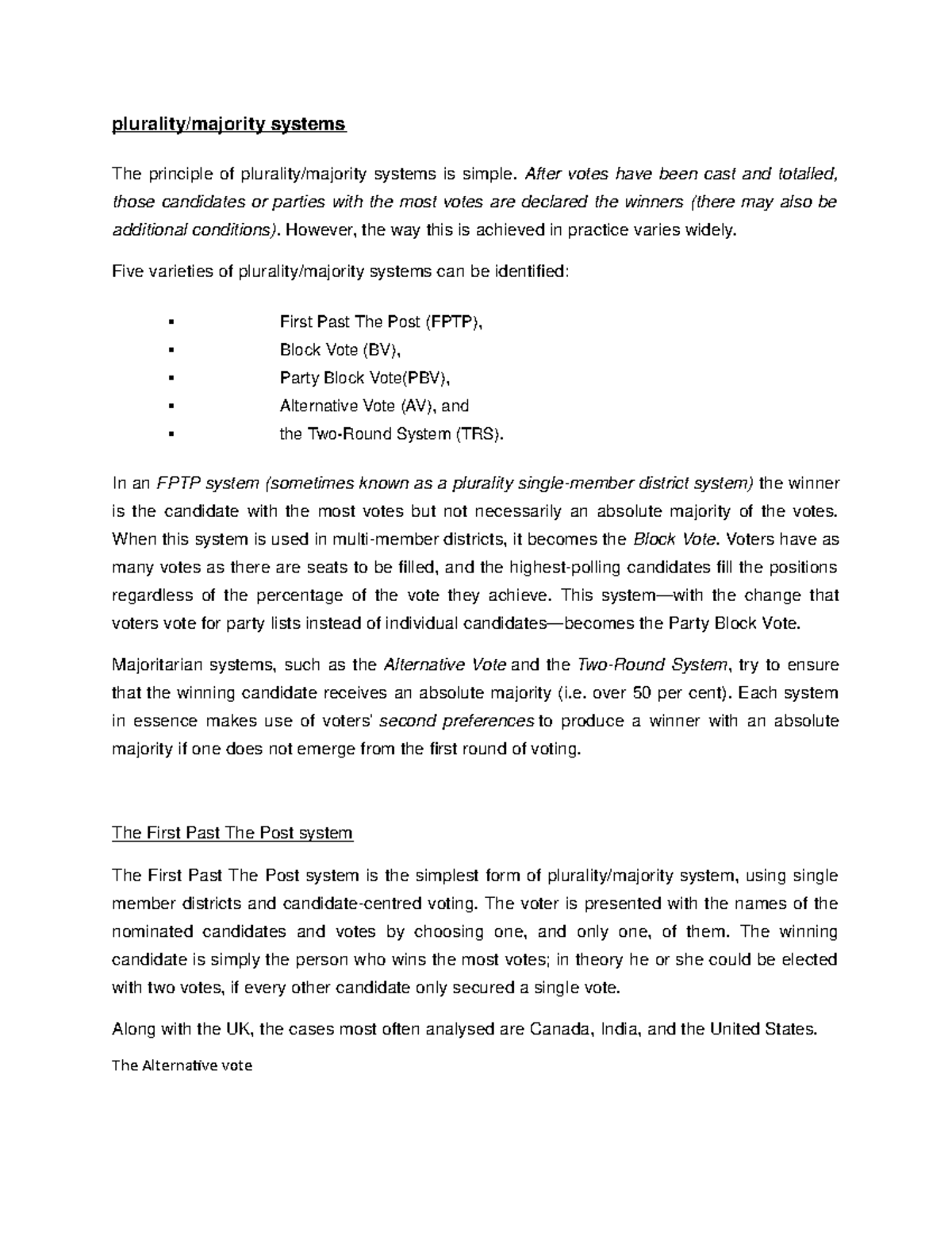 THE Electoral System - plurality/majority systems The principle of ...