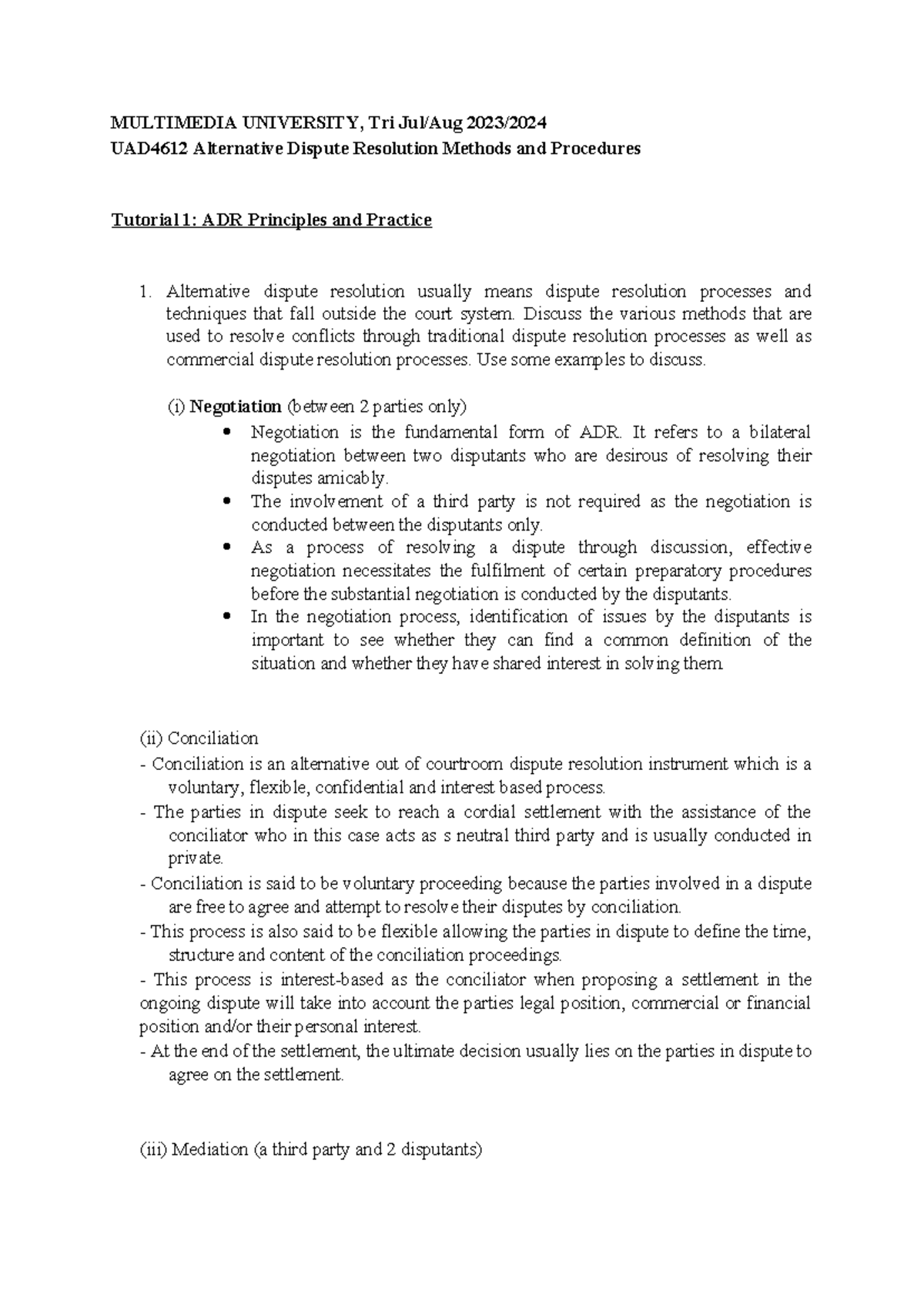 Tutorial 1 - tuto answers - MULTIMEDIA UNIVERSITY, Tri Jul/Aug 2023/ UAD4612 Alternative Dispute ...