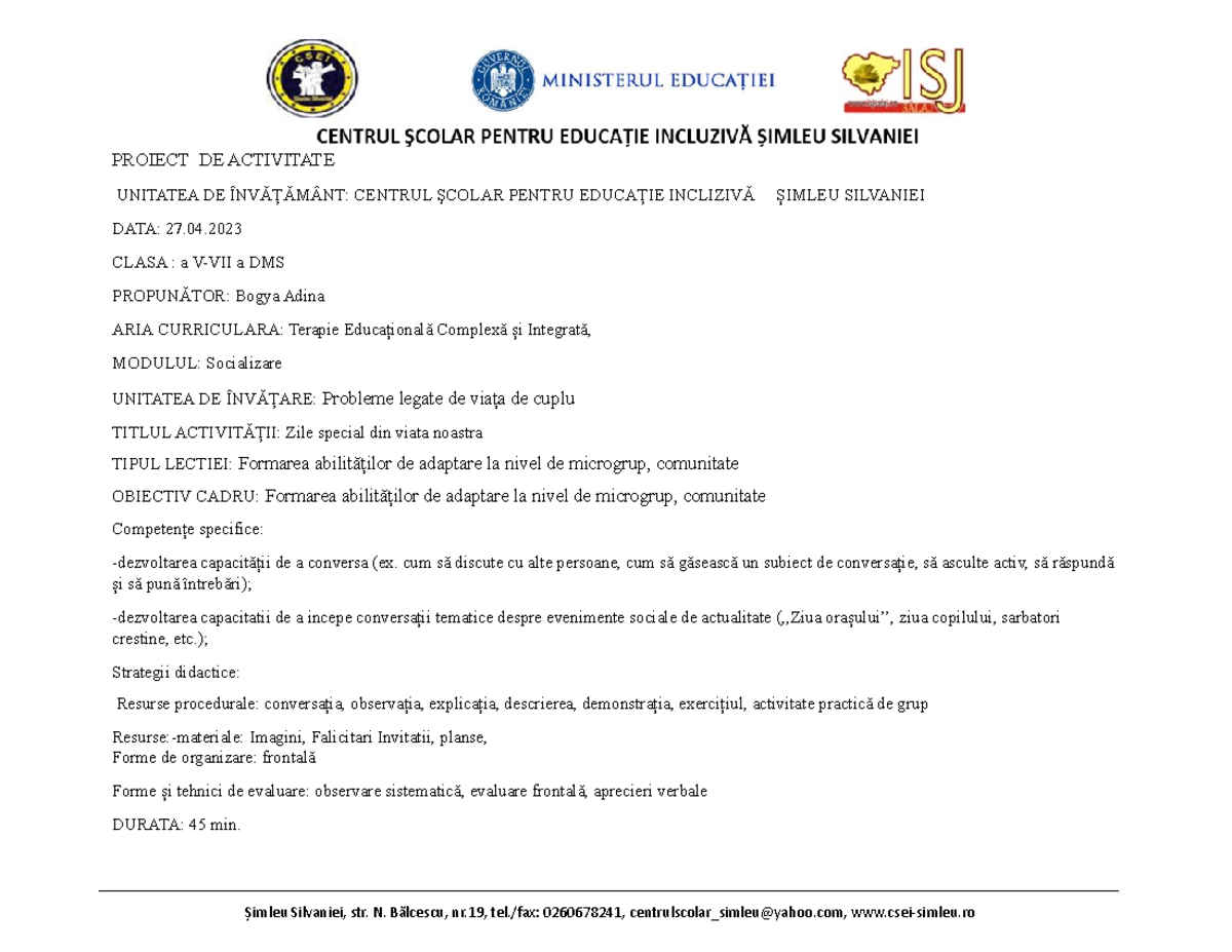 27.04.2023 socializare - PROIECT DE ACTIVITATE UNITATEA DE ÎNVĂȚĂMÂNT ...