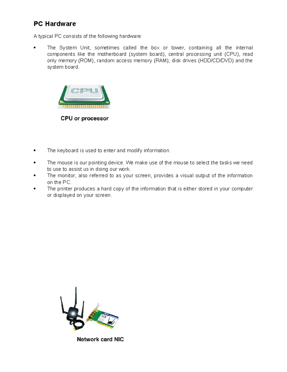 PC Hardware - full release notes from lecturer with detail info on test ...