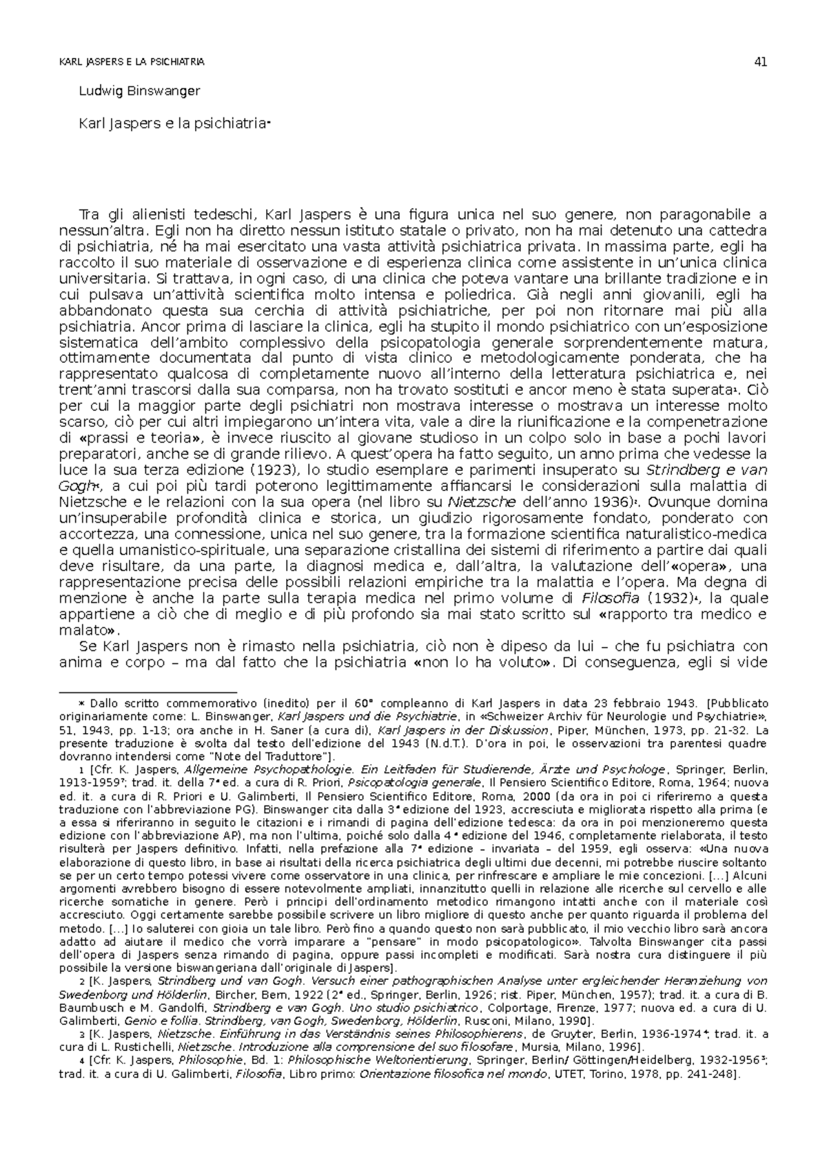 Scritto di Binswanger per Jaspers - KARL JASPERS E LA PSICHIATRIA ...