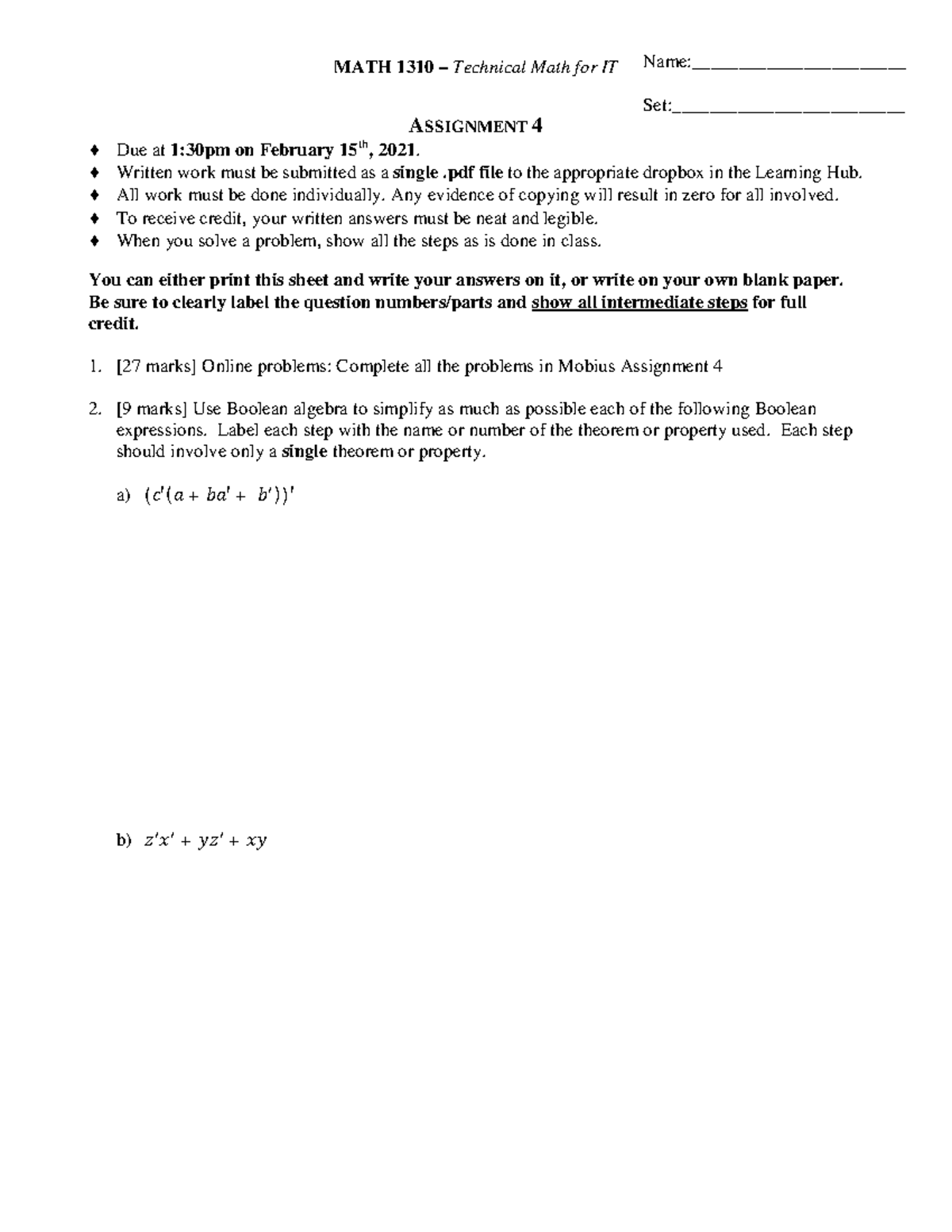 Assignment 4set A - MATH 1310 – Technical Math for IT ASSIGNMENT 4 Due ...