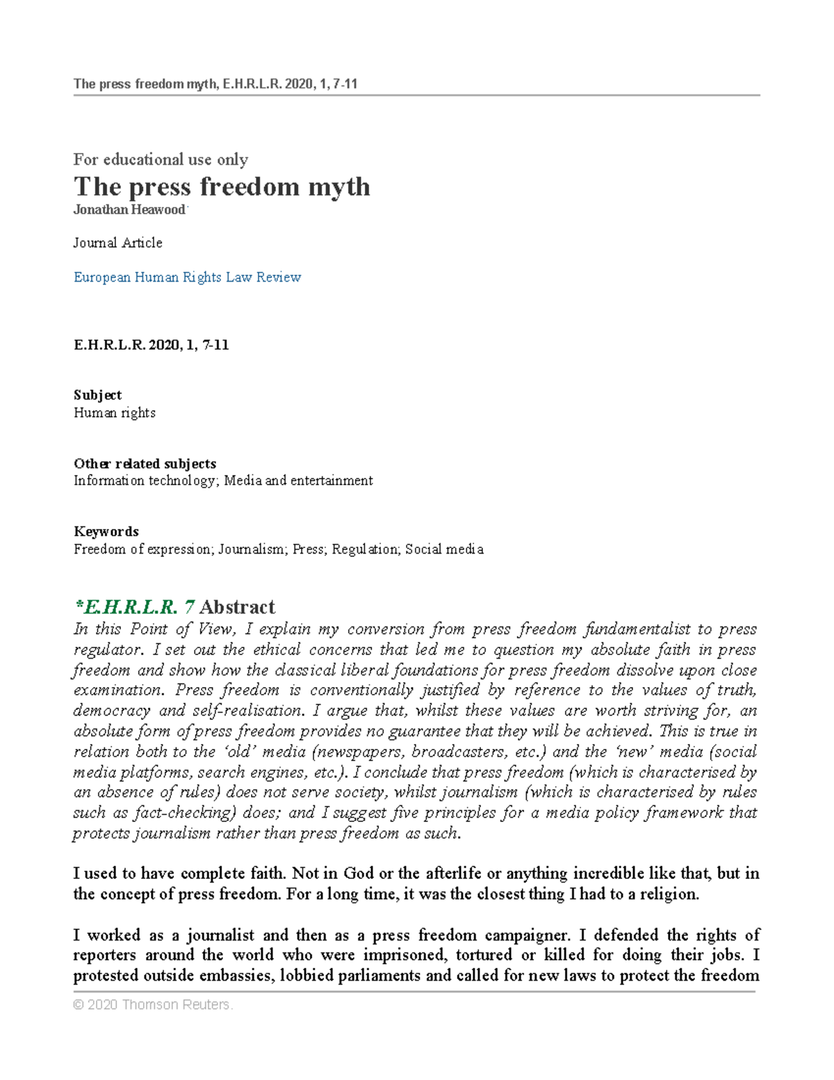 Heawood The press freedom myth - For educational use only The press ...
