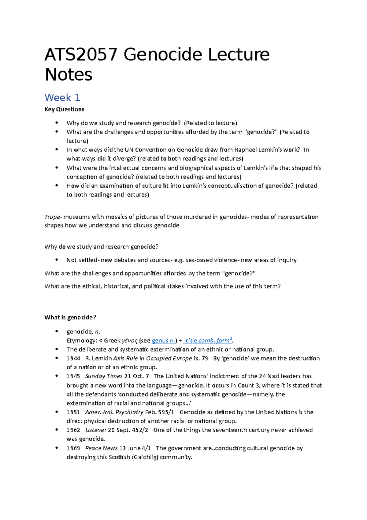 ATS2057 Genocide Lecture Notes - ATS2057 Genocide Lecture Notes Week 1 ...