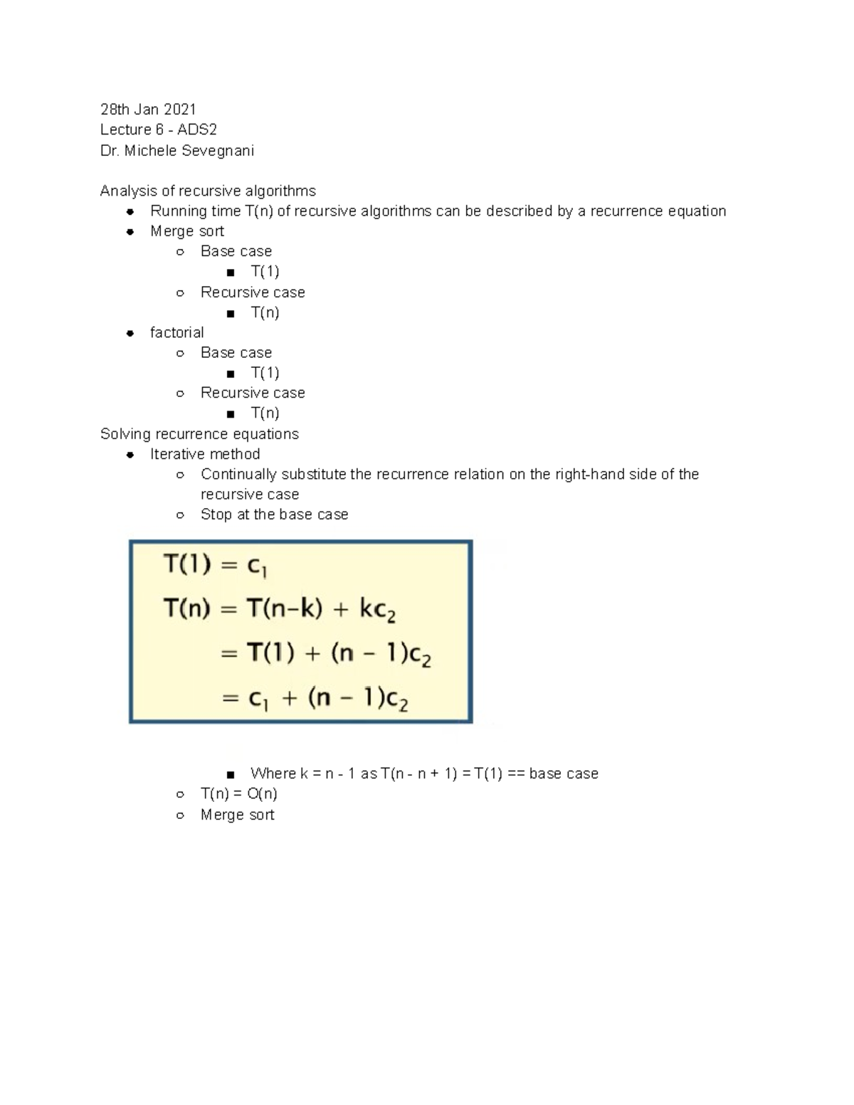 Algorithms And Data Structures Lecture 6 28th Jan 2021 28th Jan 2021 Lecture 6 Ads Dr