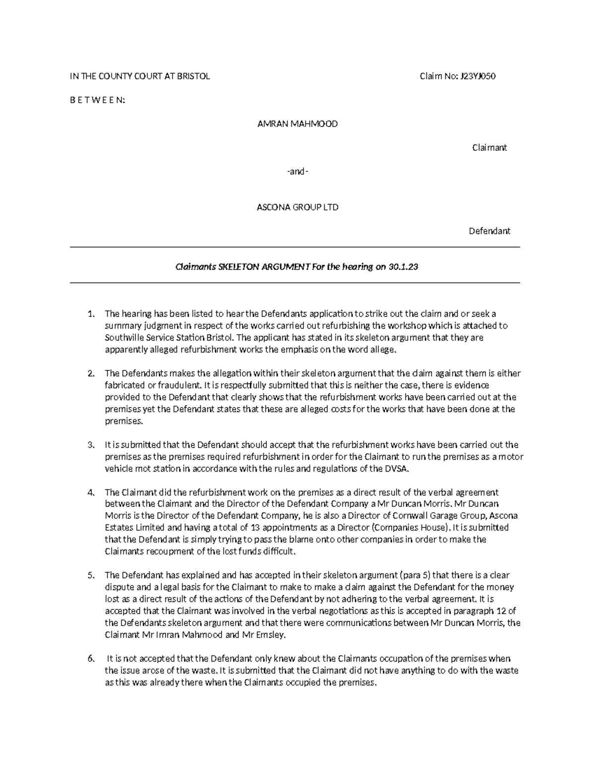 Claimants Skeleton Arguement - Amran Mahmood v Ascona - IN THE COUNTY ...