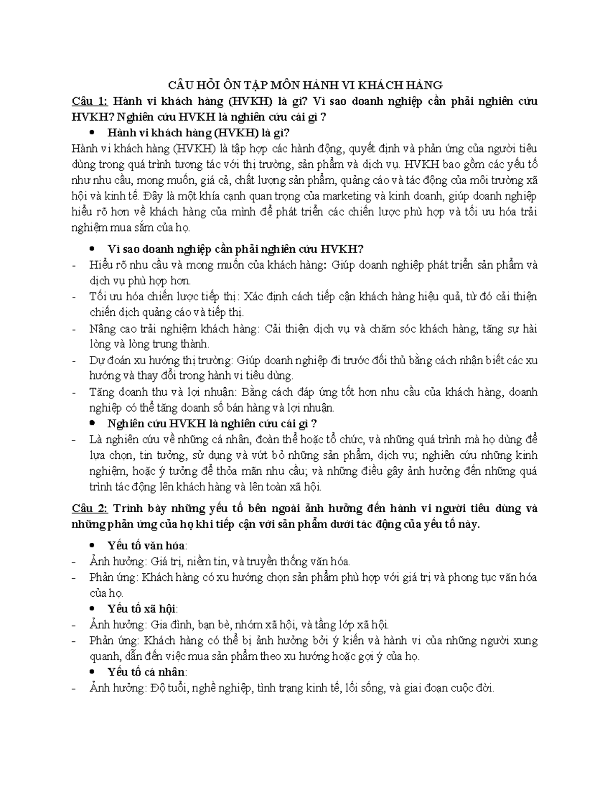 Đề-cương-ôn-thi- HVKH - CÂU HỎI ÔN TẬP MÔN HÀNH VI KHÁCH HÀNG Câu 1 ...