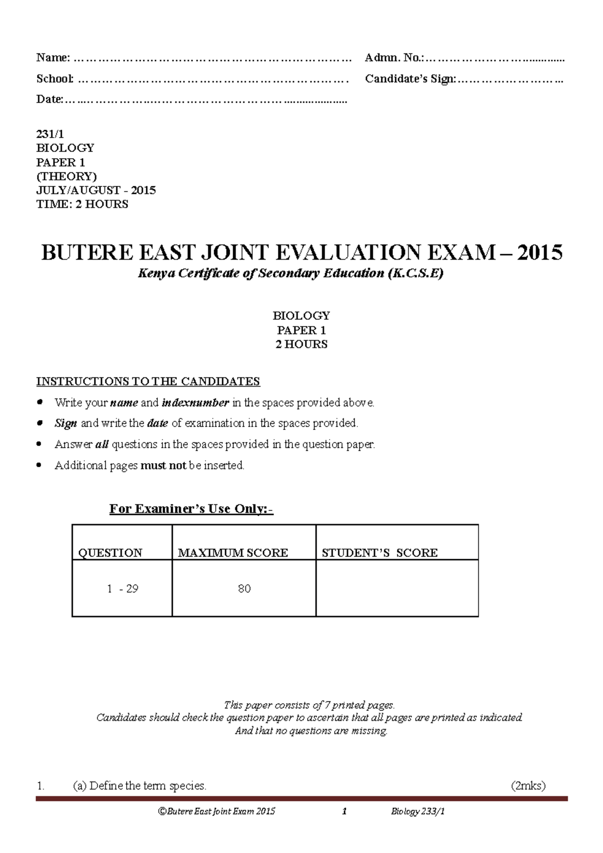 Biology Paper 1 - Name
