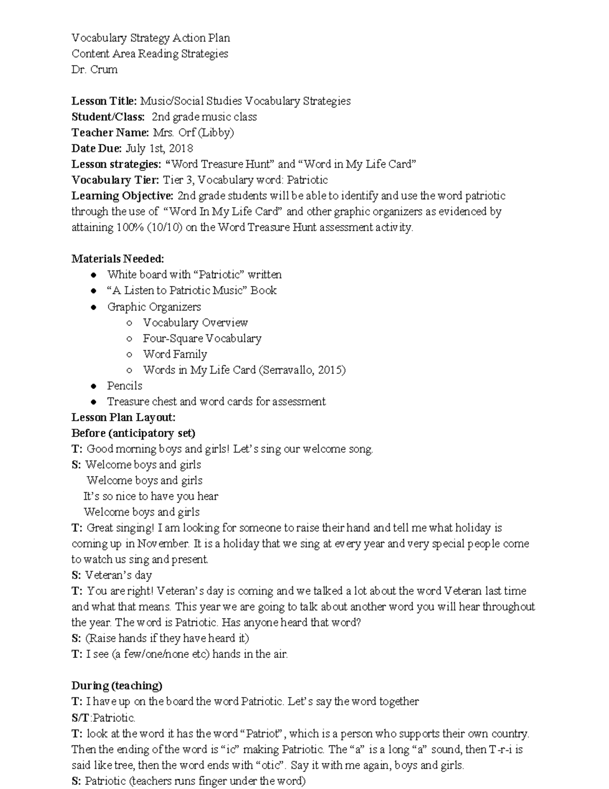 Vocabulary Strategy Action Plan Example - Vocabulary Strategy Action ...