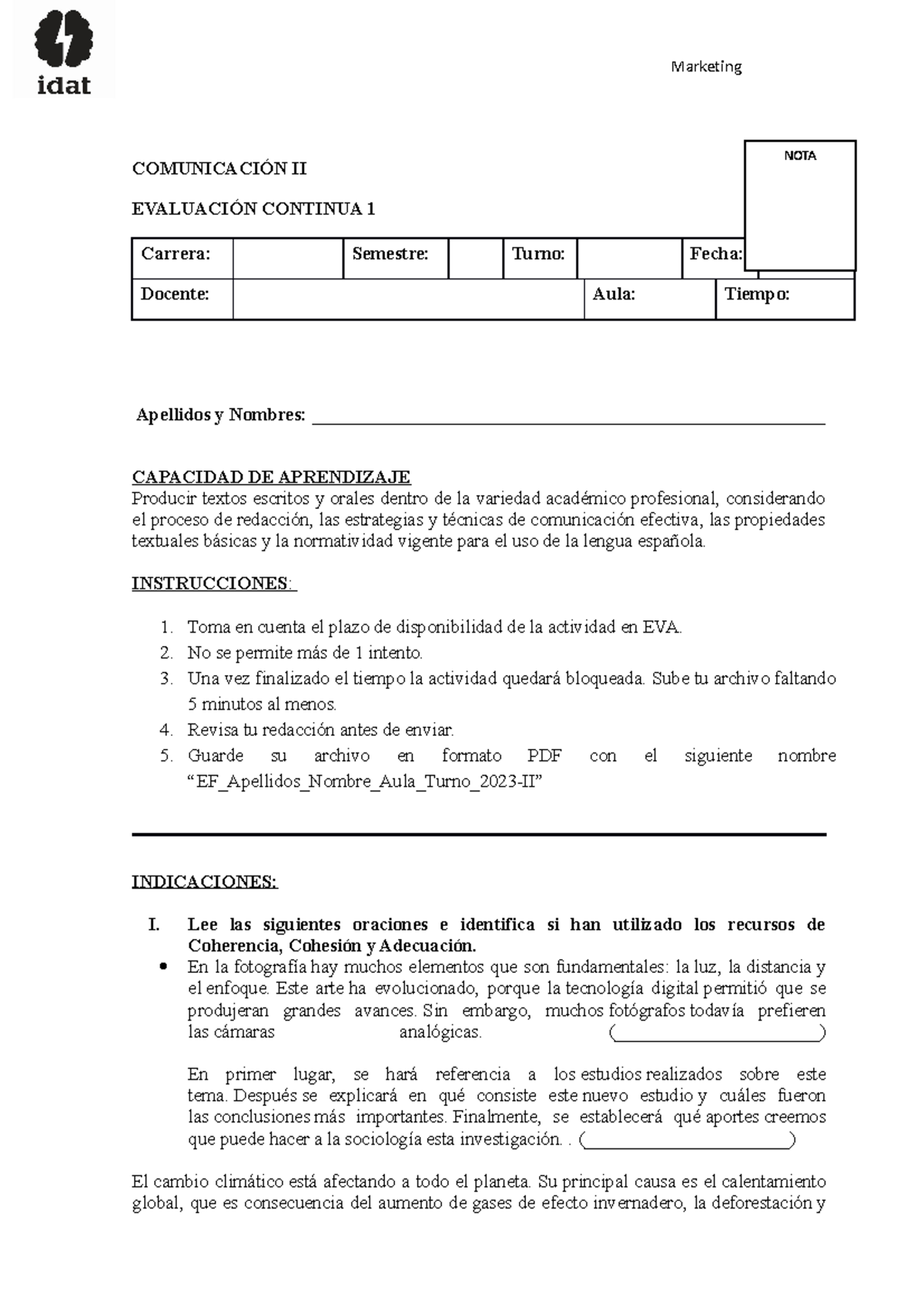 Comunicación I - I-06.2023-IIIE - logro 1 - COMUNICACIÓN II EVALUACIÓN ...