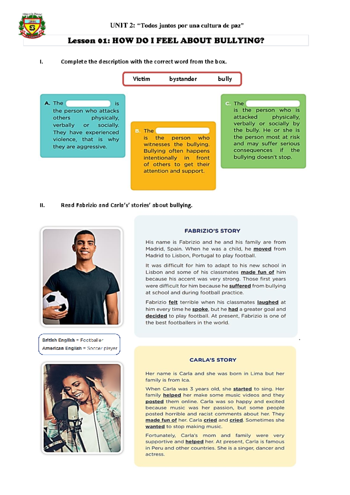 Lesson 01 Bullying Reading - UNIT 2 : “Todos juntos por una cultura de ...