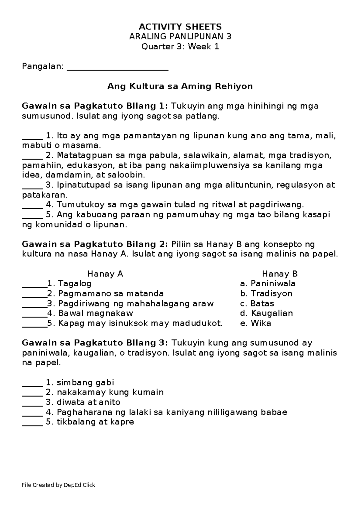 AP 3 Activity Sheet Q3 W1 - ACTIVITY SHEETS ARALING PANLIPUNAN 3 Quarter 3: Week 1 Pangalan ...