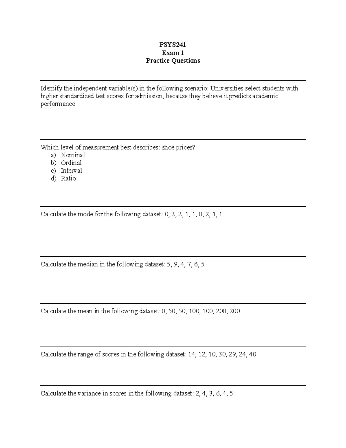 Exam 1 - Practice Questions - Identify the independent - Studocu
