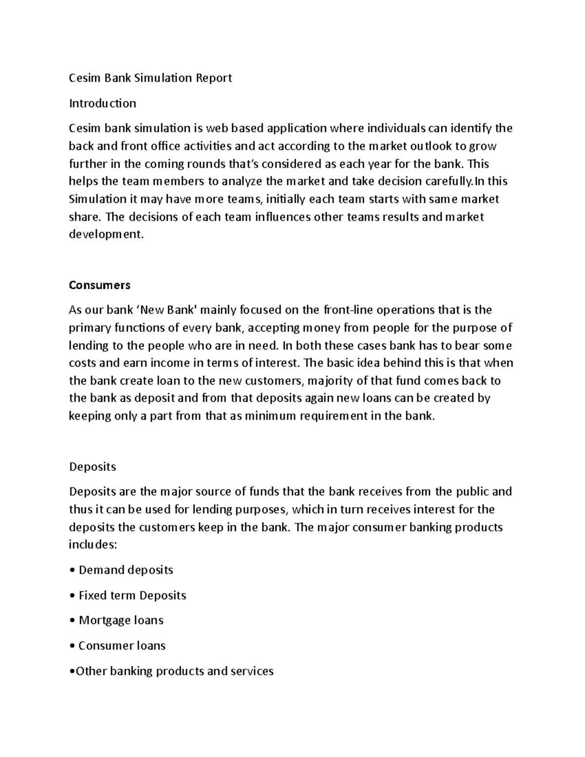 Document - Mandatory - Cesim Bank Simulation Report Introduction Cesim ...