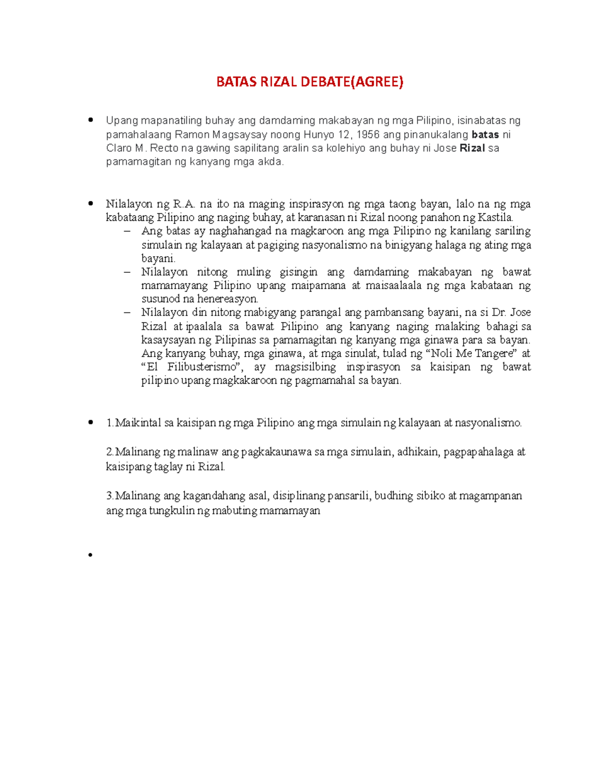 Batas Rizal Debate - it is one of the primary information needed ...